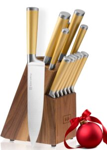 gold knife set with walnut knife block, 13-piece kitchen knives stainless steel gold knives set, full tang, knives gold - gold kitchen accessories