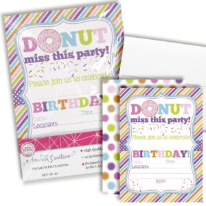 colorful donut with sprinkles birthday party invitations, 20 5x7 fill in cards with twenty white envelopes by amandacreation