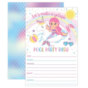 your main event prints mermaid unicorn pool party birthday invitations - summer pool party bash - splash pad, water park invites - 20 fill-in unicorn mermaid invitations and white envelopes