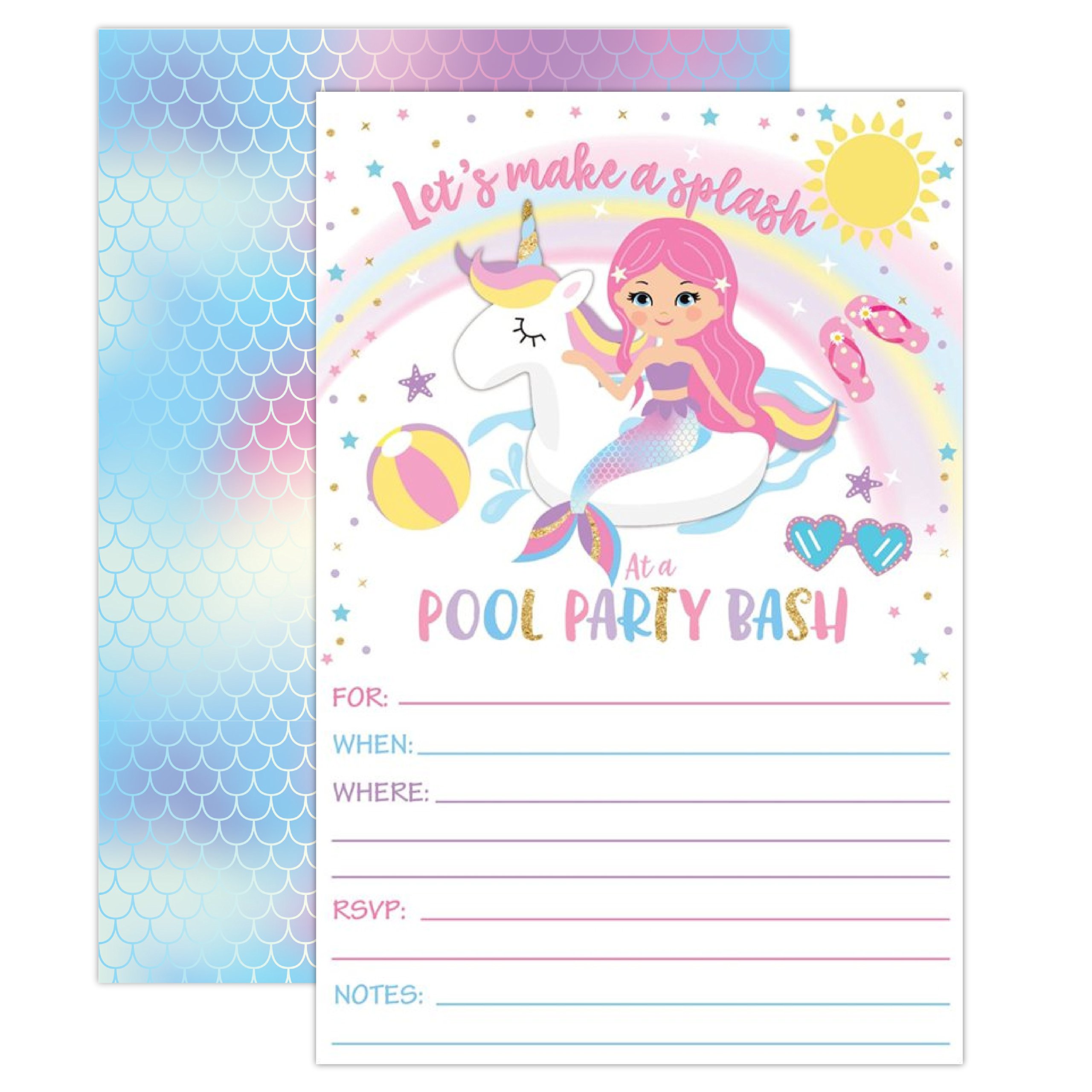 Your Main Event Prints Mermaid Unicorn Pool Party Birthday Invitations - Summer Pool Party Bash - Splash Pad, Water Park Invites - 20 Fill-In Unicorn Mermaid Invitations and White Envelopes