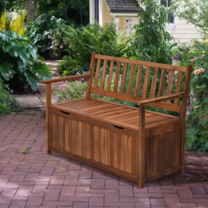 Outsunny 41 Gallon Outdoor Storage Bench, Wooden Deck Box with Inner Waterproof PE Lining, 2-Seat Container for Patio Garden Balcony Yard Store Garden Tools, Teak