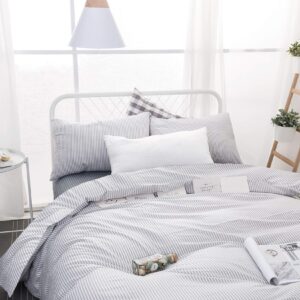 Wake In Cloud - Striped Cotton Duvet Cover Set, Ticking Stripe Pinstripe Farmhouse, 100% Cotton Bedding Set, 3 Pieces, Gray White, King Size