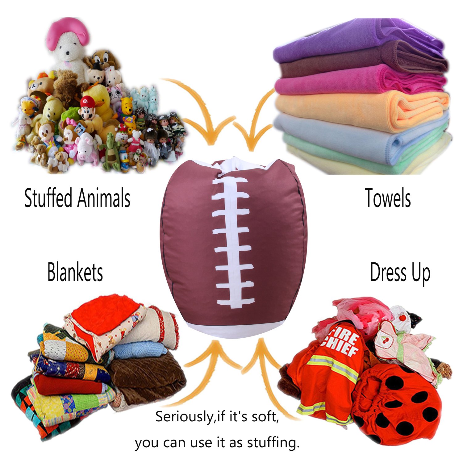 JIAN YA NA Stuffed Animal Storage Bean Bag World Cup Sports Pattern Kids Toy Storage Bag Chair Perfect Storage Solution for Blankets Pillows Towels Clothes (American Football, 26 inch)