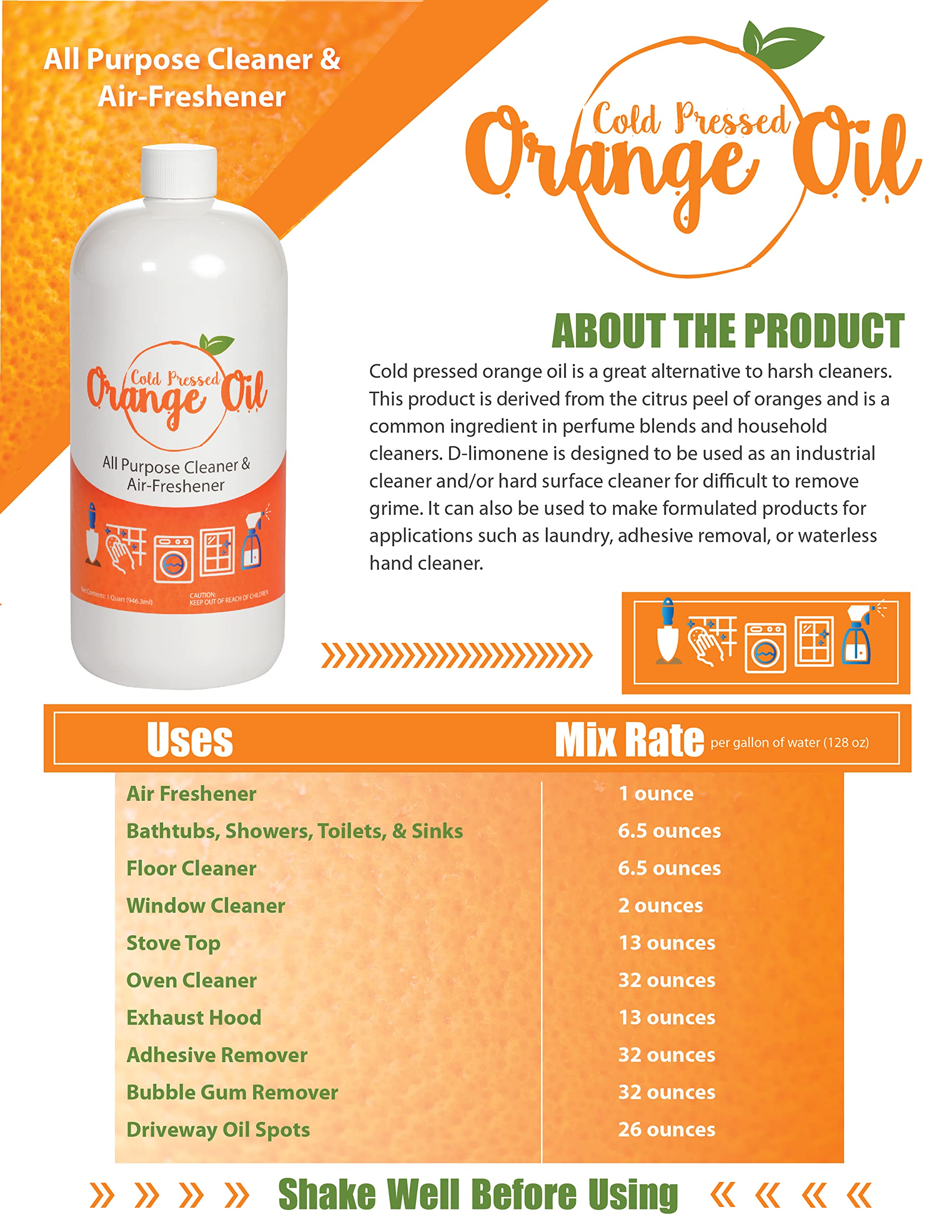 Bluewater Chemgroup Premium Cold Pressed Orange Oil Concentrate- 32 oz (D-Limonene), Concentrated All-Natural Cold Pressed Orange Oil - Professional Grade All-Purpose Citrus Cleaner and Degreaser