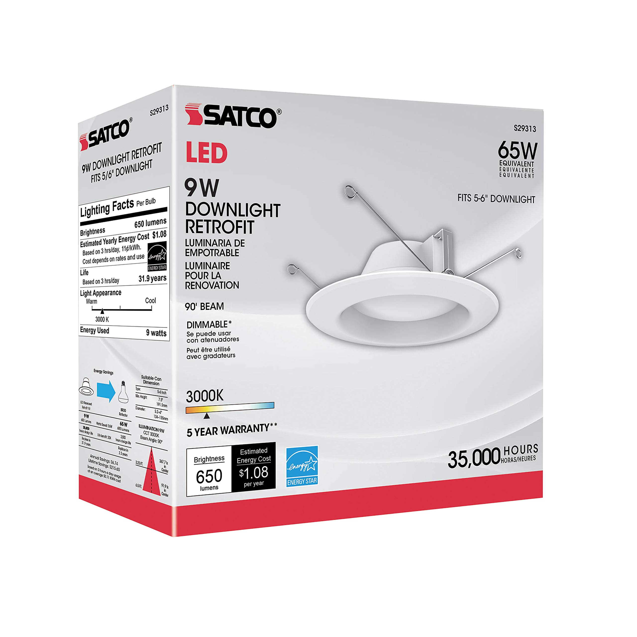 Satco S29313 LED Recessed Downlight Retrofit, 9.8 Watts, 5-6 Inches, White