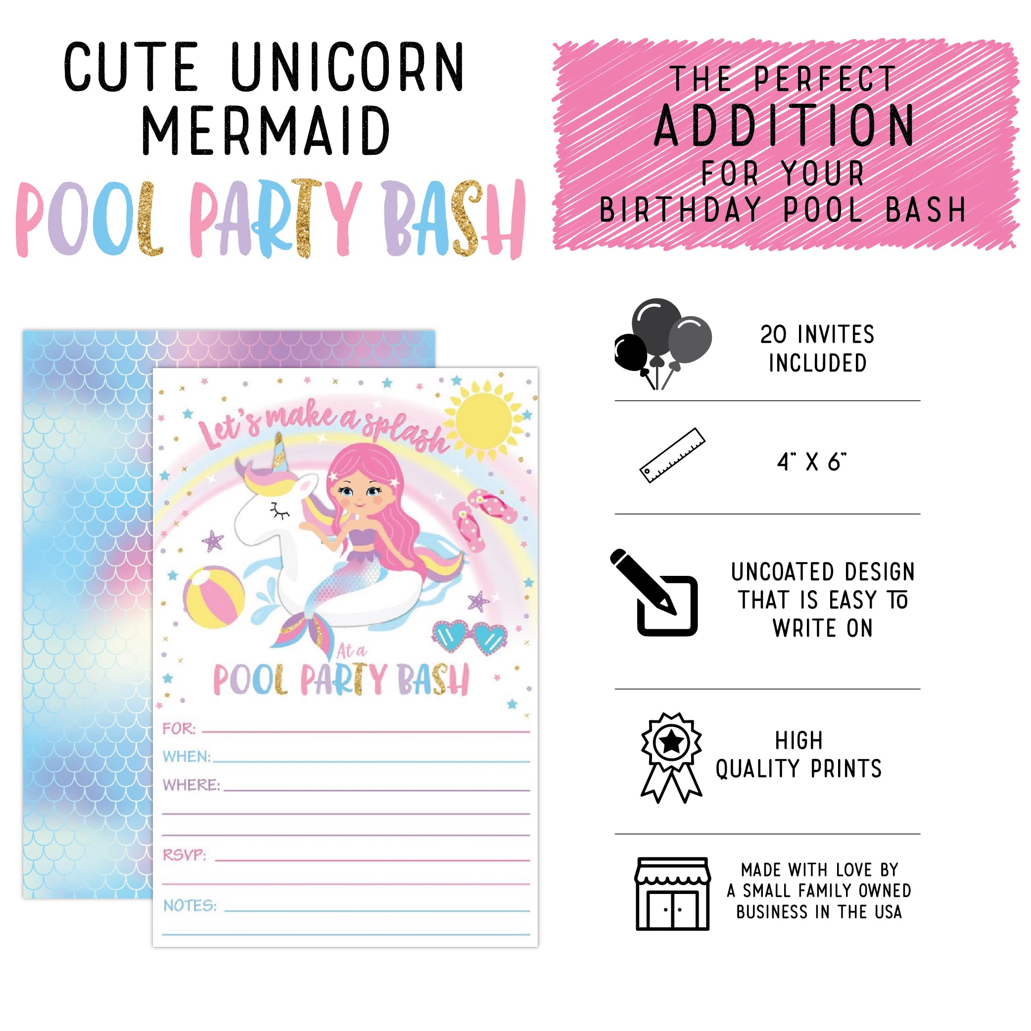 Your Main Event Prints Mermaid Unicorn Pool Party Birthday Invitations - Summer Pool Party Bash - Splash Pad, Water Park Invites - 20 Fill-In Unicorn Mermaid Invitations and White Envelopes