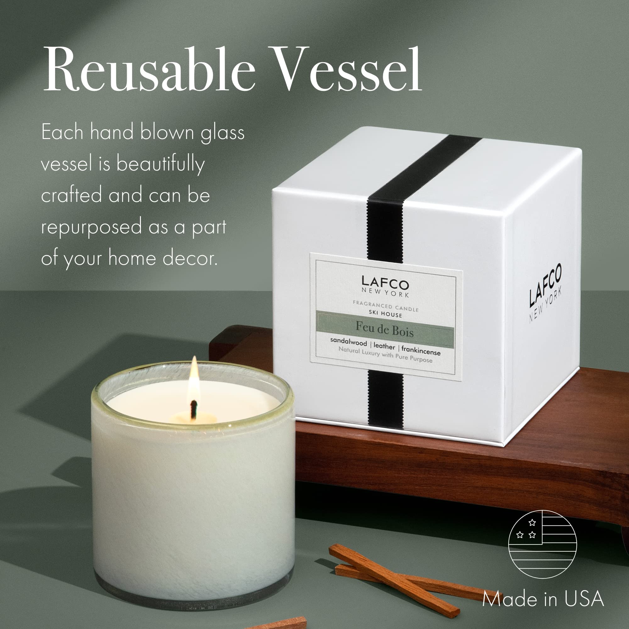 LAFCO New York Classic Candle, Feu de Bois - 6.5 oz - 50-Hour Burn Time - Reusable, Hand Blown Glass Vessel - Made in The USA