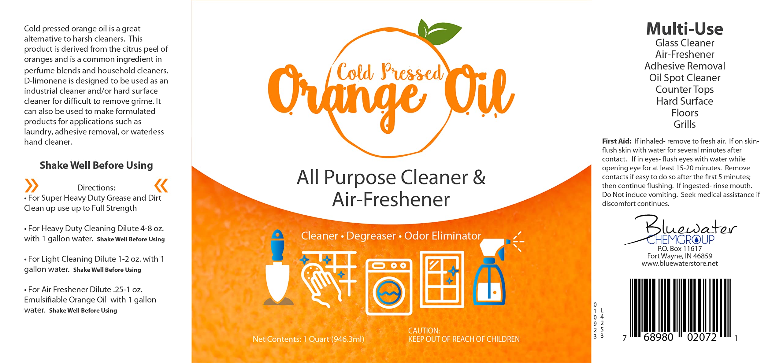 Bluewater Chemgroup Premium Cold Pressed Orange Oil Concentrate- 32 oz (D-Limonene), Concentrated All-Natural Cold Pressed Orange Oil - Professional Grade All-Purpose Citrus Cleaner and Degreaser