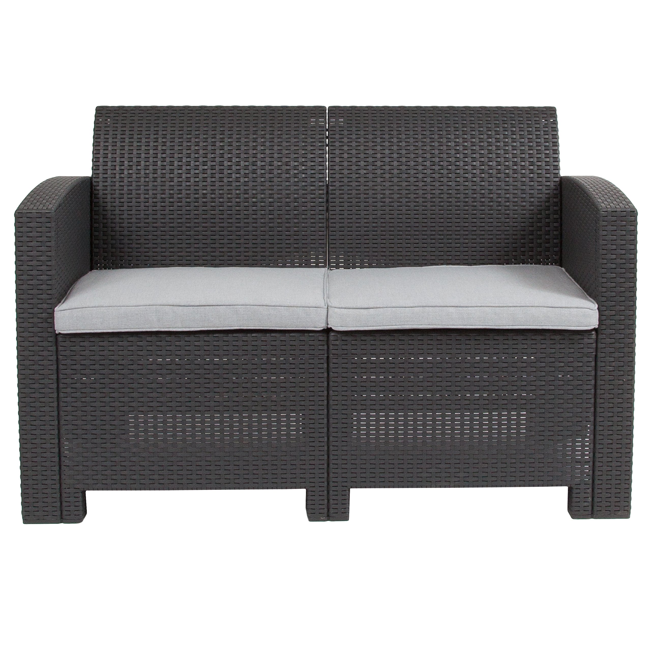 Flash Furniture Seneca Dark Gray Faux Rattan Loveseat with All-Weather Seneca Light Gray Cushions