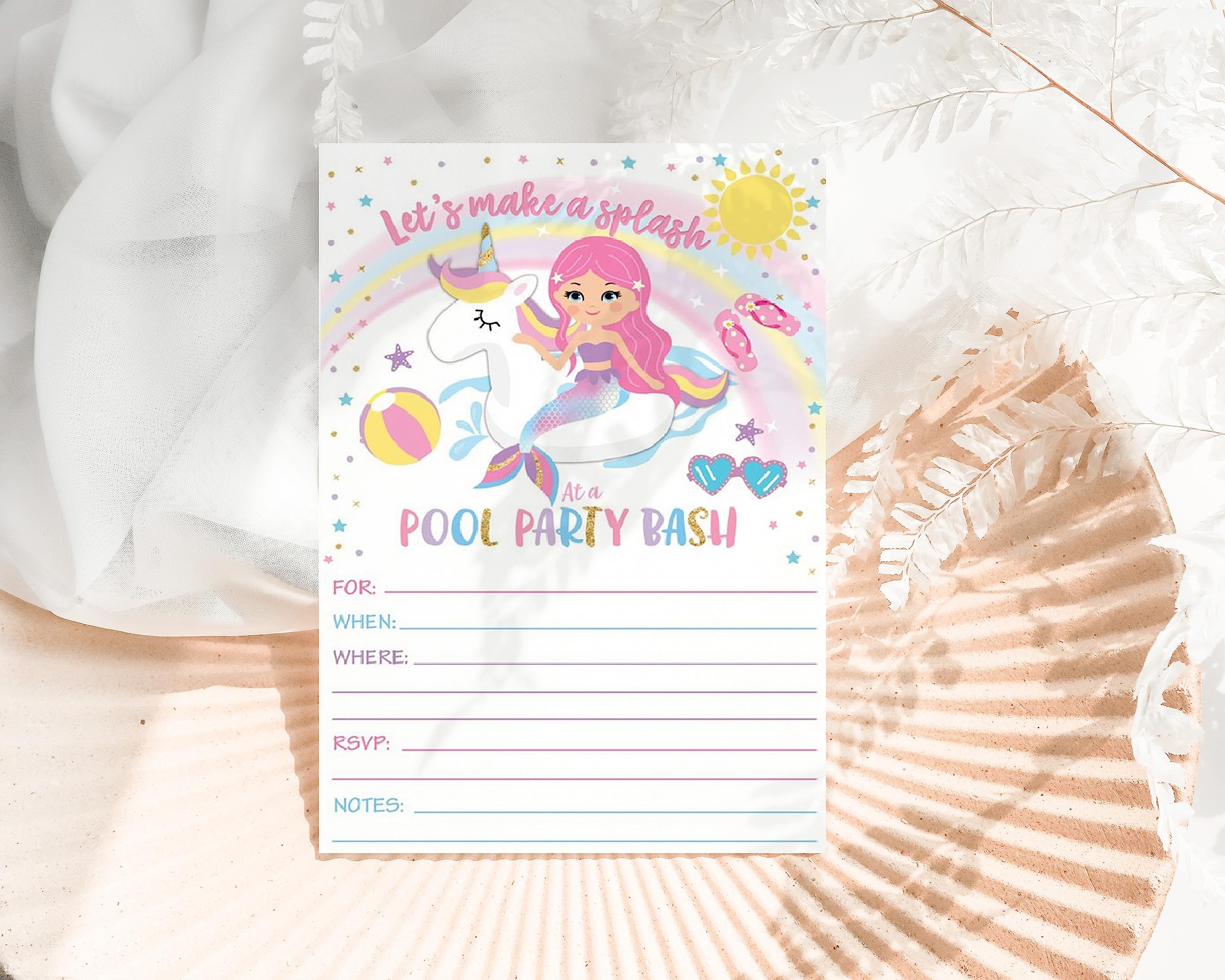 Your Main Event Prints Mermaid Unicorn Pool Party Birthday Invitations - Summer Pool Party Bash - Splash Pad, Water Park Invites - 20 Fill-In Unicorn Mermaid Invitations and White Envelopes