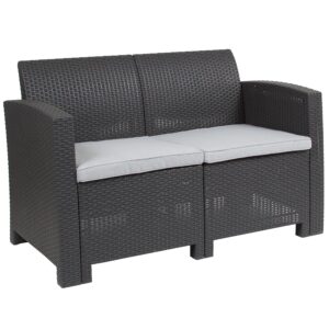 flash furniture seneca dark gray faux rattan loveseat with all-weather seneca light gray cushions