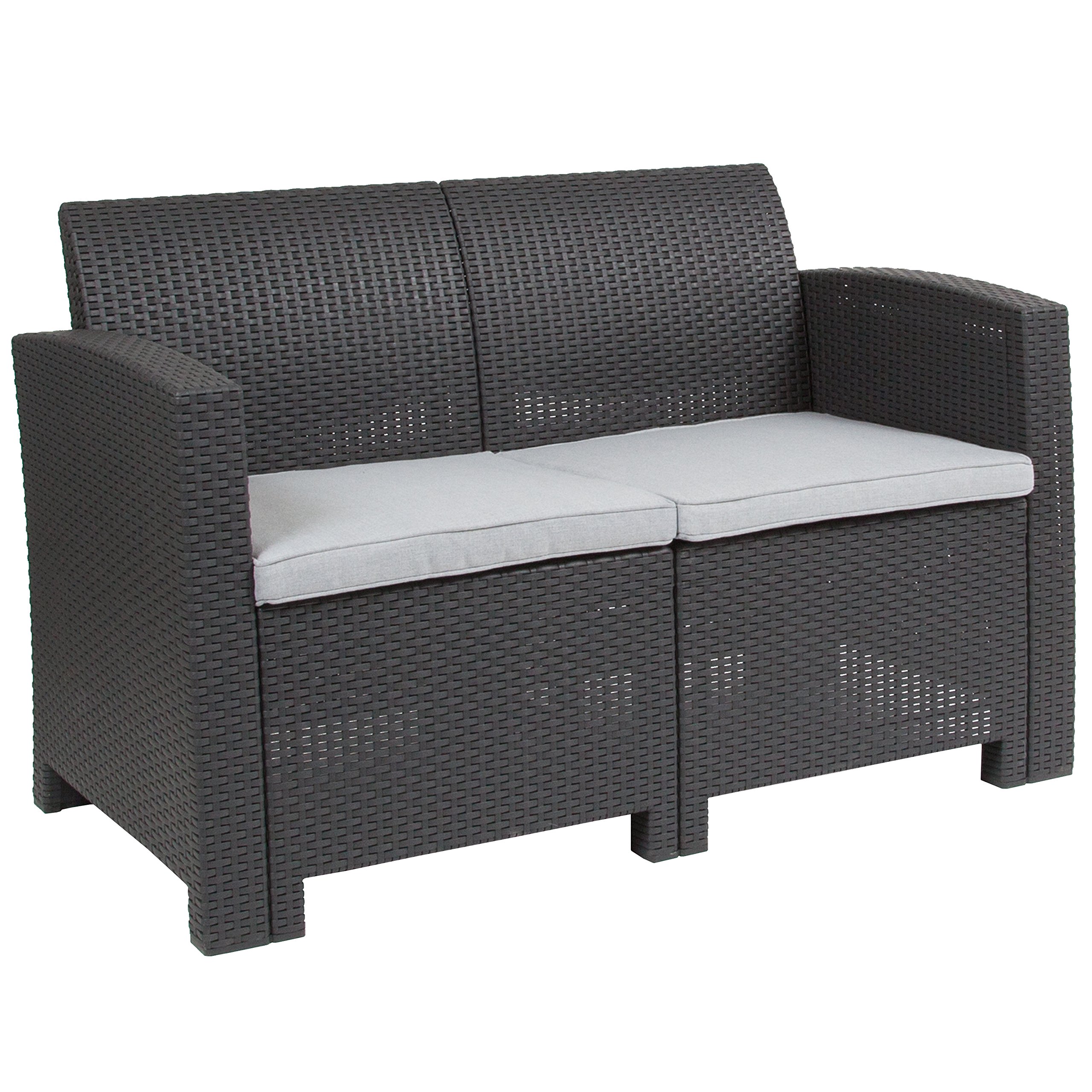 Flash Furniture Seneca Dark Gray Faux Rattan Loveseat with All-Weather Seneca Light Gray Cushions