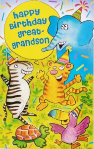 happy birthday great-grandson greeting card w/jungle zoo animals -"time to party and have fun!"