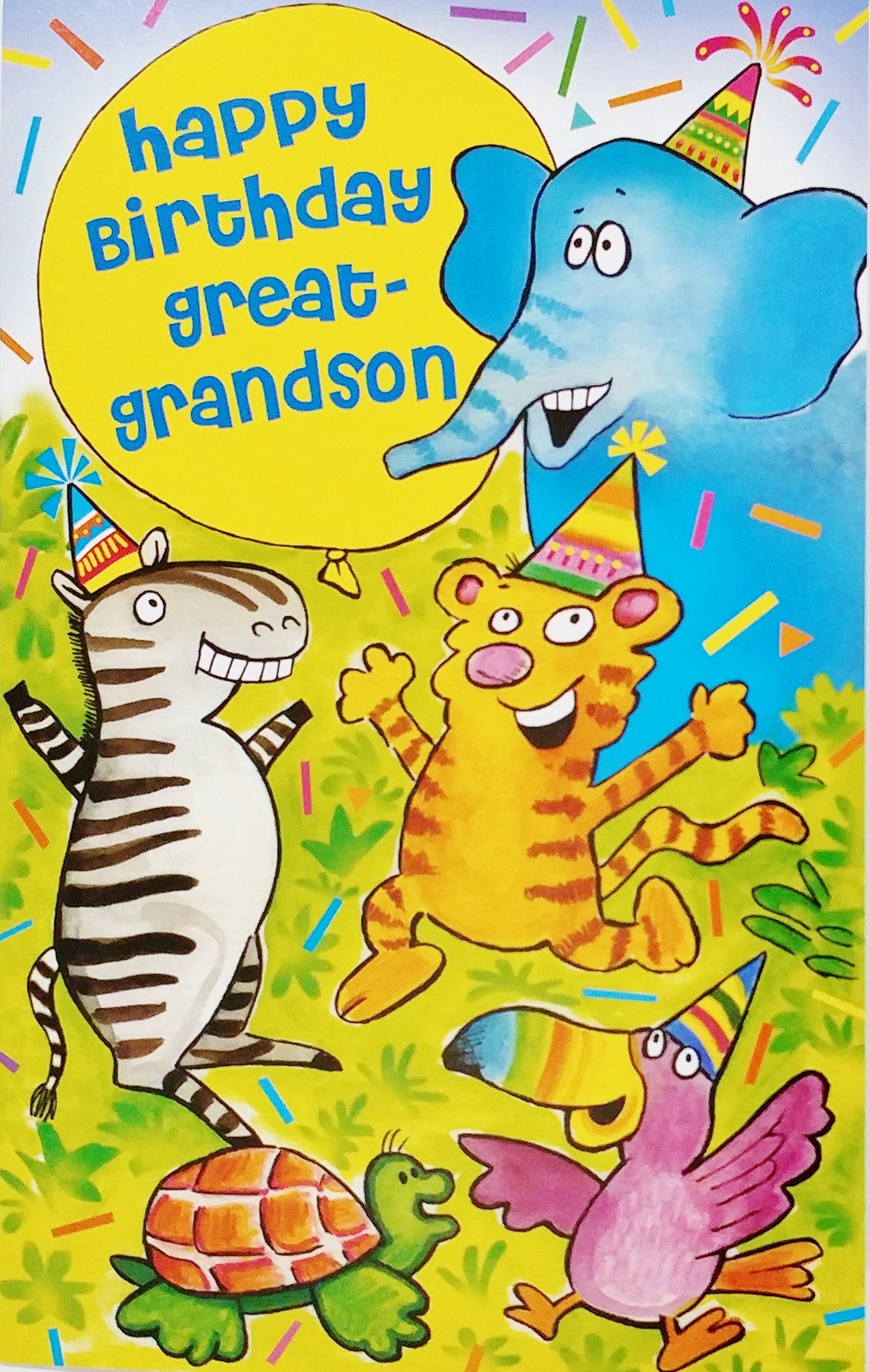 Happy Birthday Great-Grandson Greeting Card w/Jungle Zoo Animals -"Time to Party and Have Fun!"