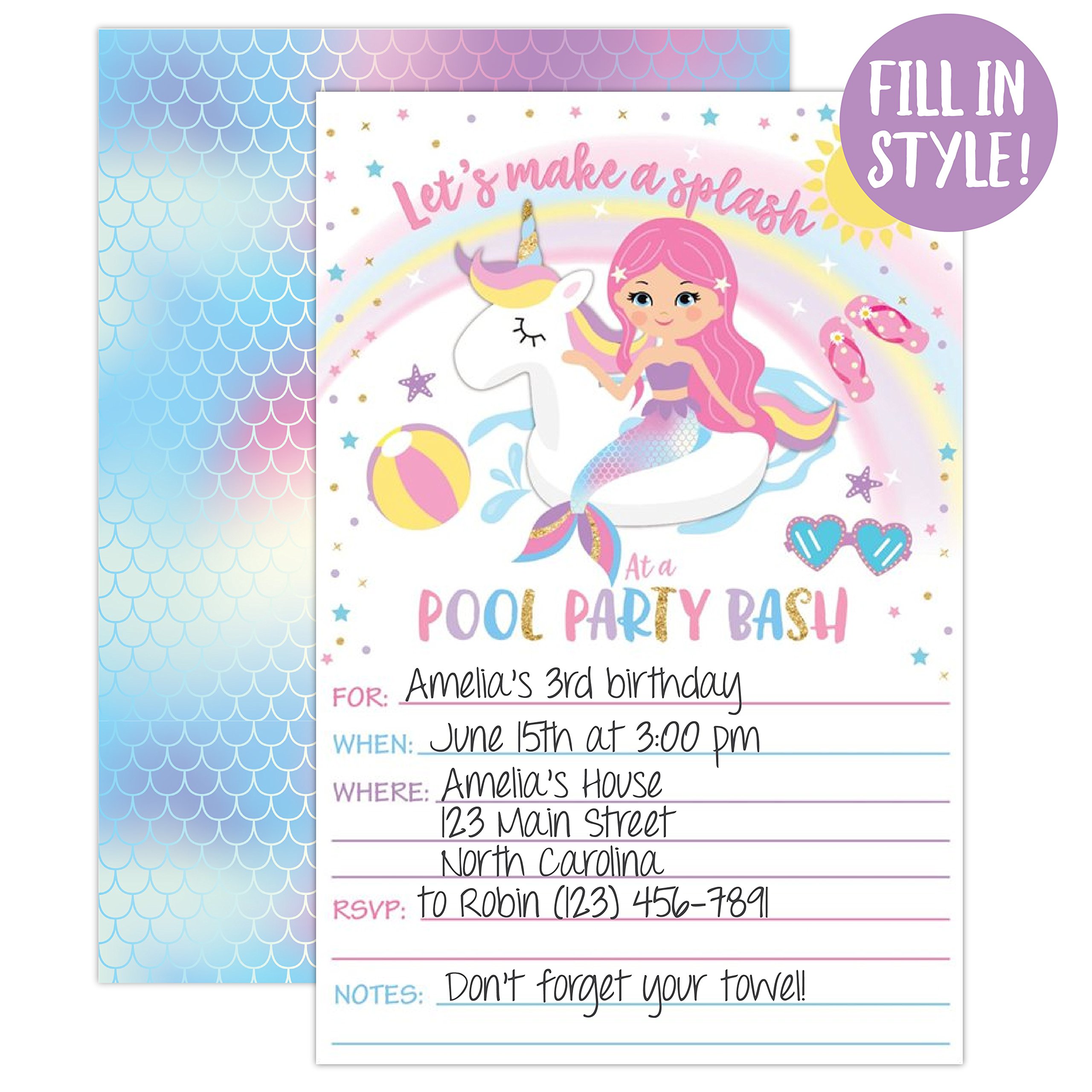 Your Main Event Prints Mermaid Unicorn Pool Party Birthday Invitations - Summer Pool Party Bash - Splash Pad, Water Park Invites - 20 Fill-In Unicorn Mermaid Invitations and White Envelopes