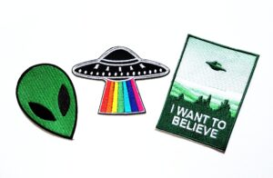 nipitshop patches set of 3 i want to believe cute pretty green alien fantasy spacecraft rainbow patch for clothes backpacks t-shirt jeans skirt vests scarf hat bag iron on appliques embroidered