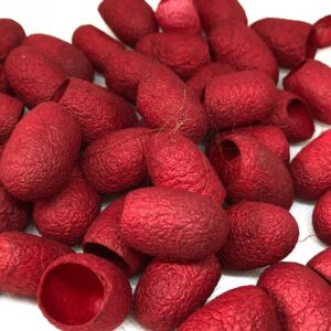 hand dyed silk cocoons, silk cut cocoons, mulberry silk fibres, selection pack of 30 cut silk cocoons (ruby blaze)