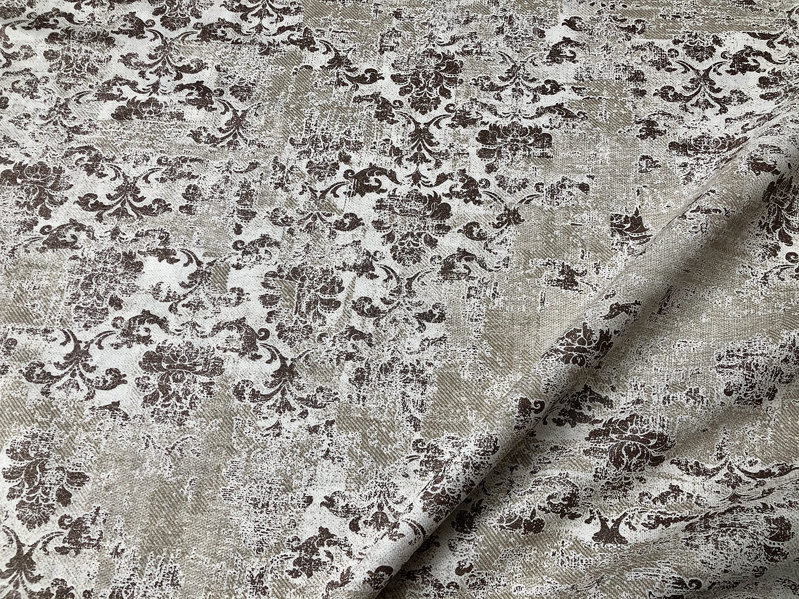 Antique Vintage Damask Print Fabric Baroque Material for Curtains Upholstery Dressmaking - 55'' Wide - Brown & Cream Canvas (Sold by The Yard)