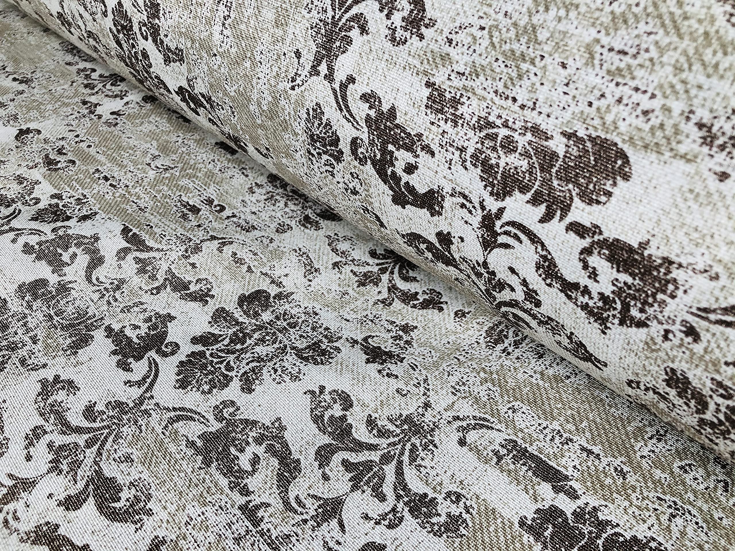 Antique Vintage Damask Print Fabric Baroque Material for Curtains Upholstery Dressmaking - 55'' Wide - Brown & Cream Canvas (Sold by The Yard)