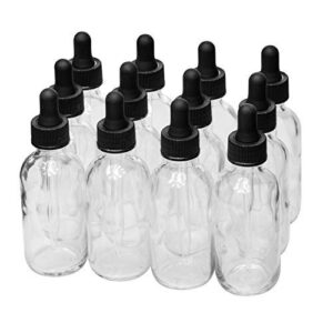 auropack pack of 12, 60ml (2oz) clear boston round bottle with glass eye dropper（1funnel, 2extra droppers&12labels included, tincture bottles, empty bottles with dropper for essential oils, perfumes