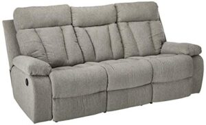 signature design by ashley mitchiner contemporary manual reclining sofa with center drop down & cup holders, gray