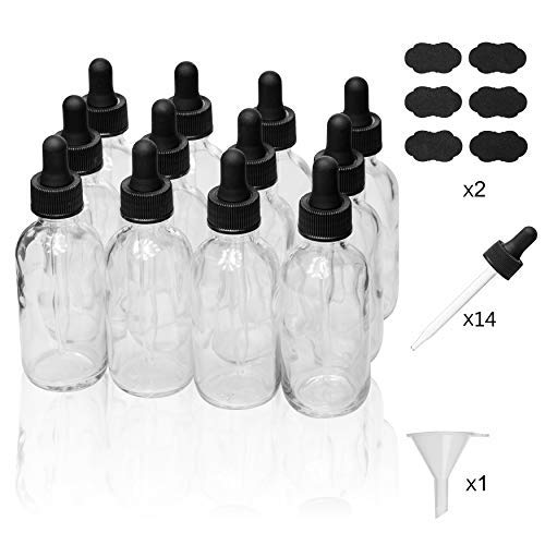 Auropack Pack of 12, 60ml (2oz) Clear Boston Round Bottle with Glass Eye Dropper（1Funnel, 2Extra Droppers&12Labels Included, Tincture Bottles, Empty Bottles with dropper for Essential Oils, Perfumes