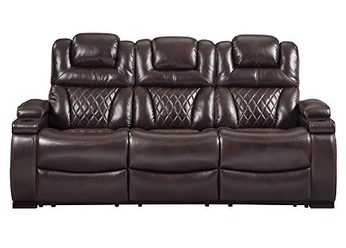 Signature Design by Ashley Warnerton Faux Leather Power Reclining Sofa with Adjustable Headrest, Brown