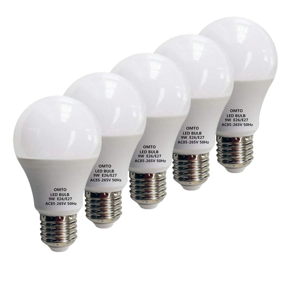 OMTO E26/E27 A19 LED Frosted Light Bulb 9W (60W Equivalent) Warm White (3000K) 85-265V (Warm White, 5pcs)