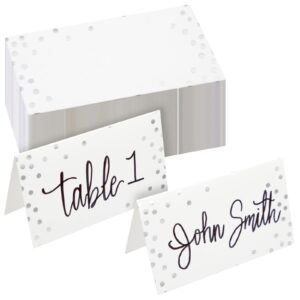 100 pack wedding place cards for table setting, blank table name cards, silver foil polka dot place cards for birthday, banquet, events, reserved seating