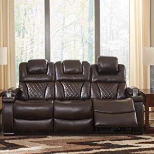 Signature Design by Ashley Warnerton Faux Leather Power Reclining Sofa with Adjustable Headrest, Brown