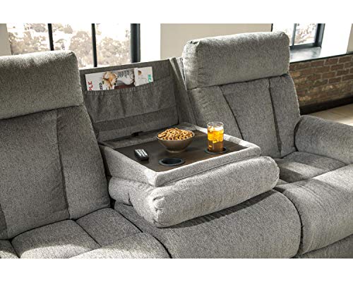 Signature Design by Ashley Mitchiner Contemporary Manual Reclining Sofa with Center Drop Down & Cup Holders, Gray