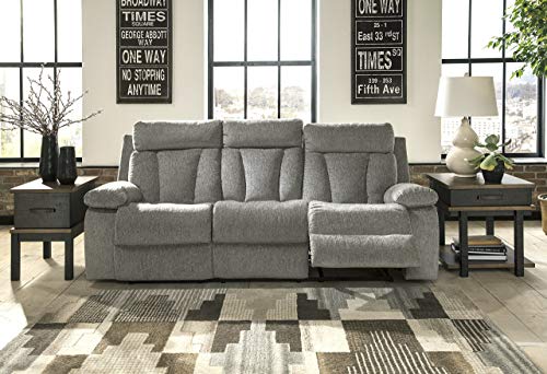 Signature Design by Ashley Mitchiner Contemporary Manual Reclining Sofa with Center Drop Down & Cup Holders, Gray