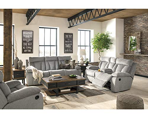 Signature Design by Ashley Mitchiner Contemporary Manual Reclining Sofa with Center Drop Down & Cup Holders, Gray