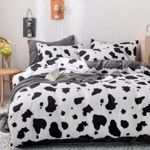 Mengersi Cow Print Duvet Cover Set,Velvet Duvet Cover Warm Fluffly Bedding Sets,Milk Cow Reversible Solid Bedding Collections Soft for Kids Boys Girls Twin Size