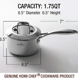 HOMI CHEF Mirror Polished NICKEL FREE Stainless Steel 1.75 QT(Quart) Sauce Pan with Glass Lid (No Toxic Non Stick Coating, Whole-Clad 3-Ply) Soup Pot Small Cooking Pot