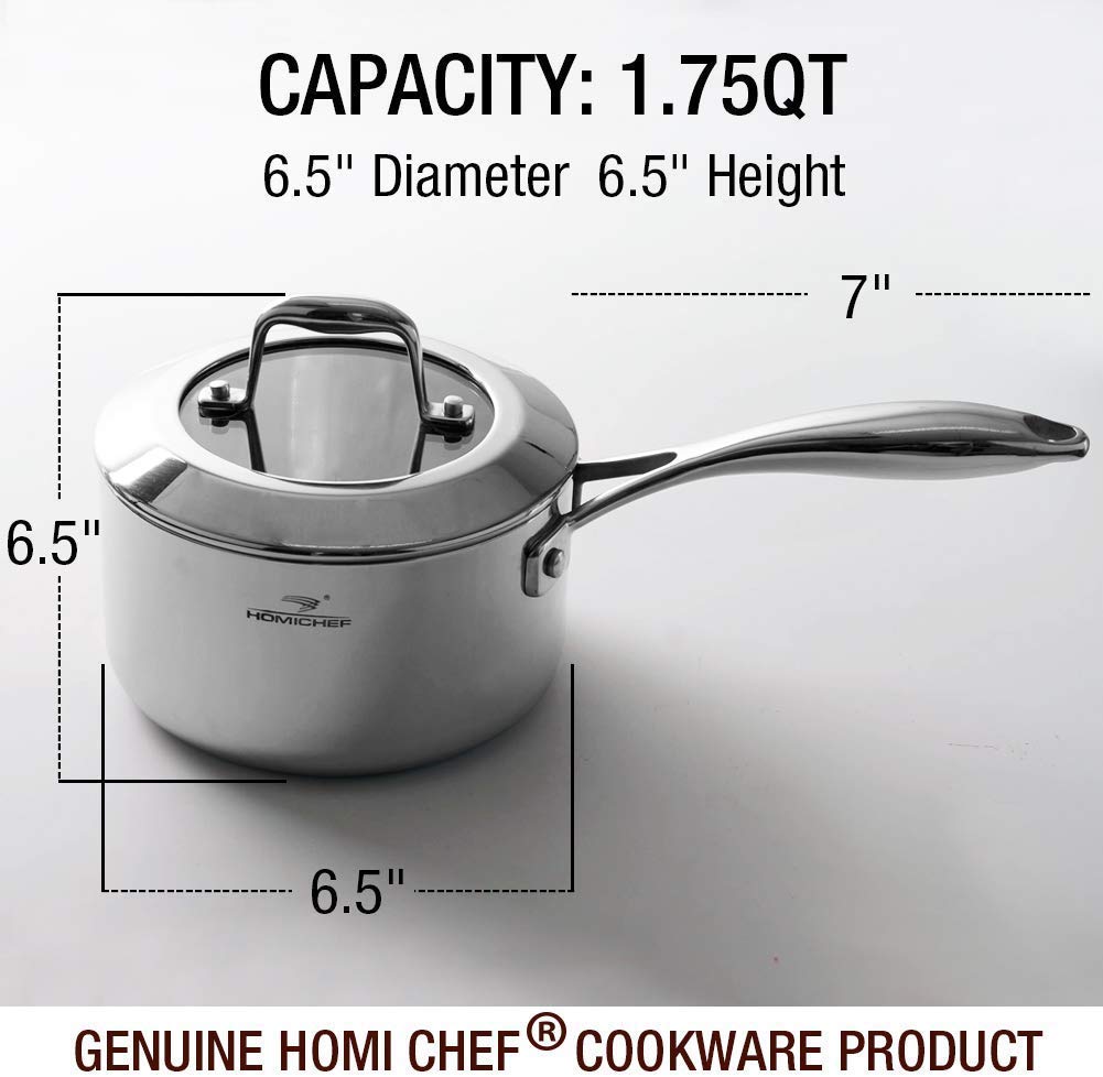 HOMI CHEF Mirror Polished NICKEL FREE Stainless Steel 1.75 QT(Quart) Sauce Pan with Glass Lid (No Toxic Non Stick Coating, Whole-Clad 3-Ply) Soup Pot Small Cooking Pot