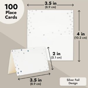 100 Pack Wedding Place Cards for Table Setting, Blank Table Name Cards, Silver Foil Polka Dot Place Cards for Birthday, Banquet, Events, Reserved Seating