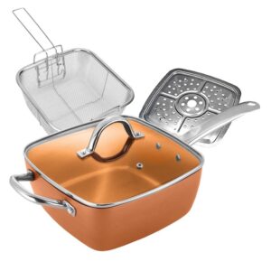 copper ceramic square non-stick ceramic pan 5 piece set for frying, baking, broiling, steaming & braising with fry basket steamer & tempered glass lid