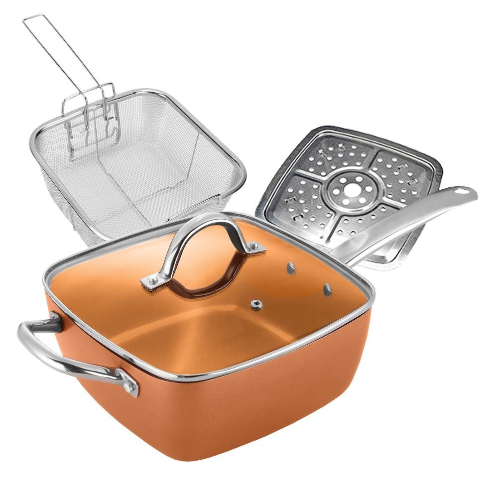 Copper Ceramic Square Non-Stick Ceramic Pan 5 Piece Set for Frying, Baking, Broiling, Steaming & Braising with Fry Basket Steamer & Tempered Glass Lid