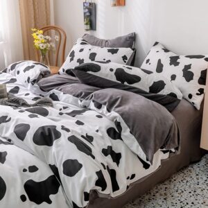 Mengersi Cow Print Duvet Cover Set,Velvet Duvet Cover Warm Fluffly Bedding Sets,Milk Cow Reversible Solid Bedding Collections Soft for Kids Boys Girls Twin Size