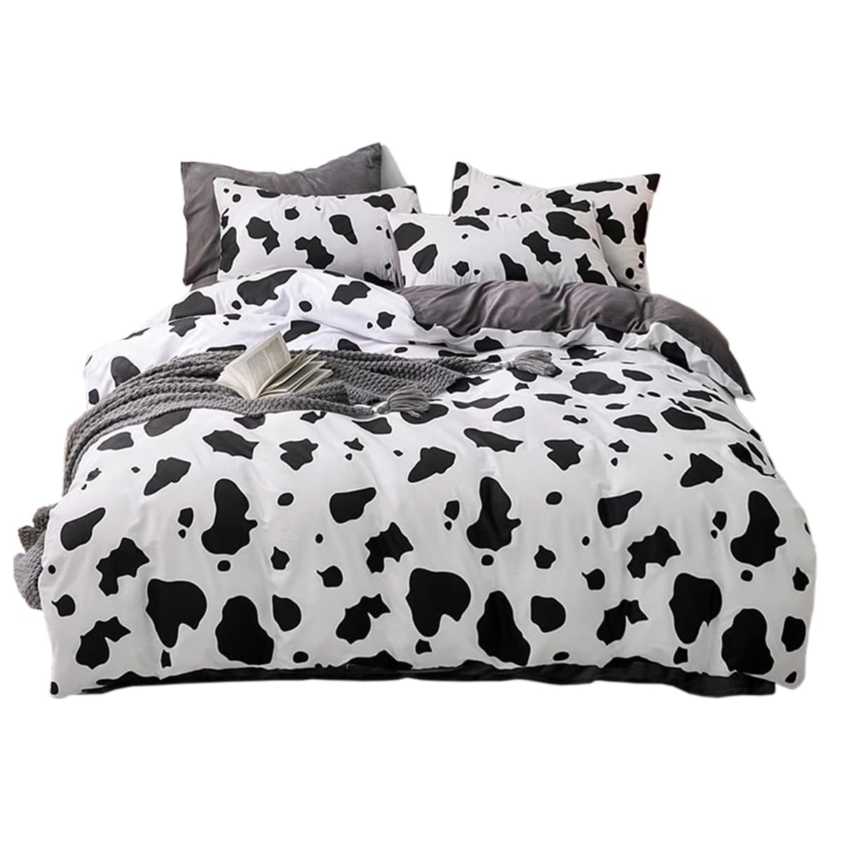 Mengersi Cow Print Duvet Cover Set,Velvet Duvet Cover Warm Fluffly Bedding Sets,Milk Cow Reversible Solid Bedding Collections Soft for Kids Boys Girls Twin Size