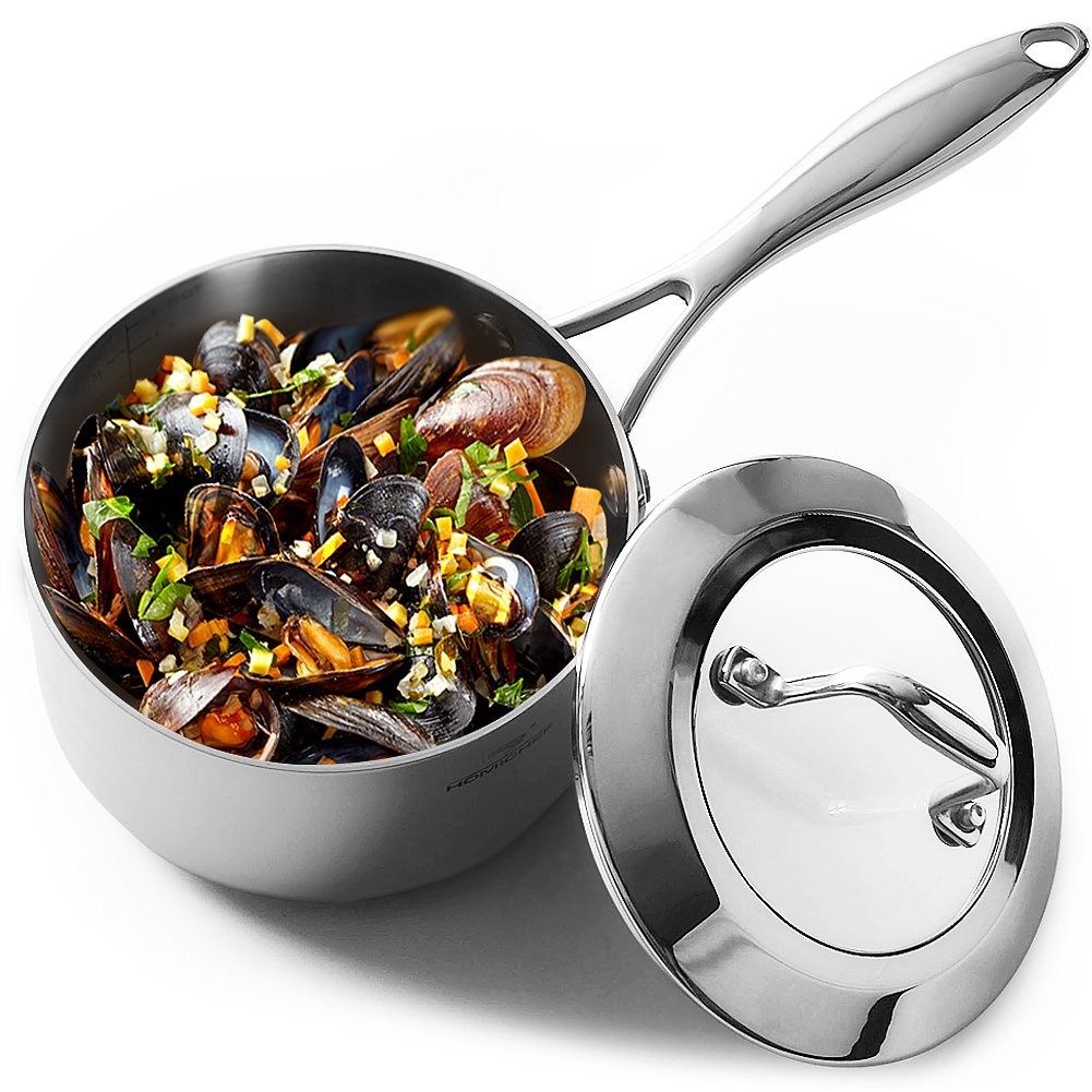 HOMI CHEF Mirror Polished NICKEL FREE Stainless Steel 1.75 QT(Quart) Sauce Pan with Glass Lid (No Toxic Non Stick Coating, Whole-Clad 3-Ply) Soup Pot Small Cooking Pot