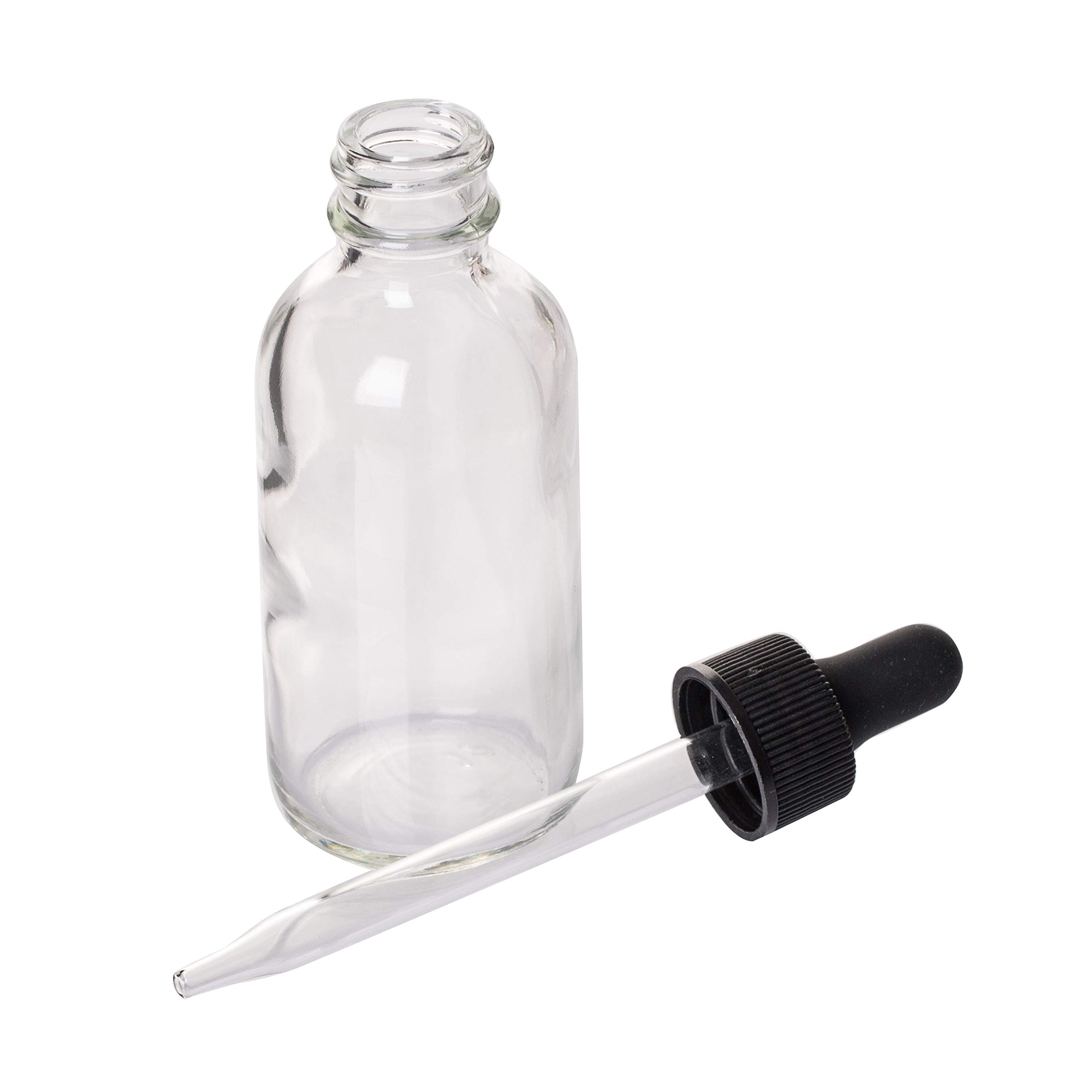 Auropack Pack of 12, 60ml (2oz) Clear Boston Round Bottle with Glass Eye Dropper（1Funnel, 2Extra Droppers&12Labels Included, Tincture Bottles, Empty Bottles with dropper for Essential Oils, Perfumes