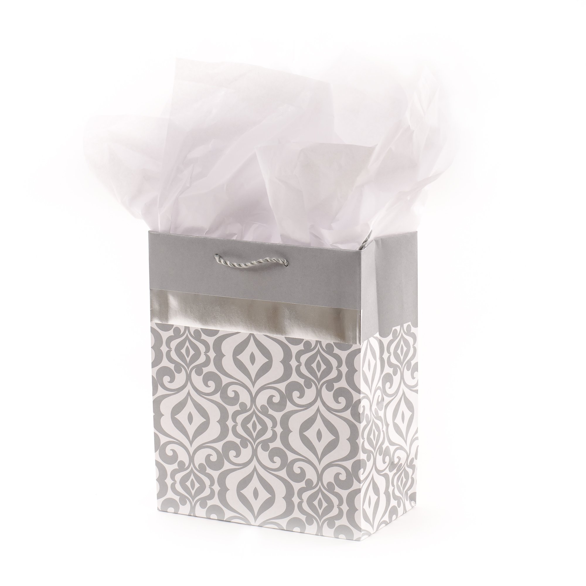 Hallmark 9" Medium Silver Gift Bag (Scroll) with Tissue Paper for Valentines Day, Holidays, Weddings, Anniversary, Engagements and More