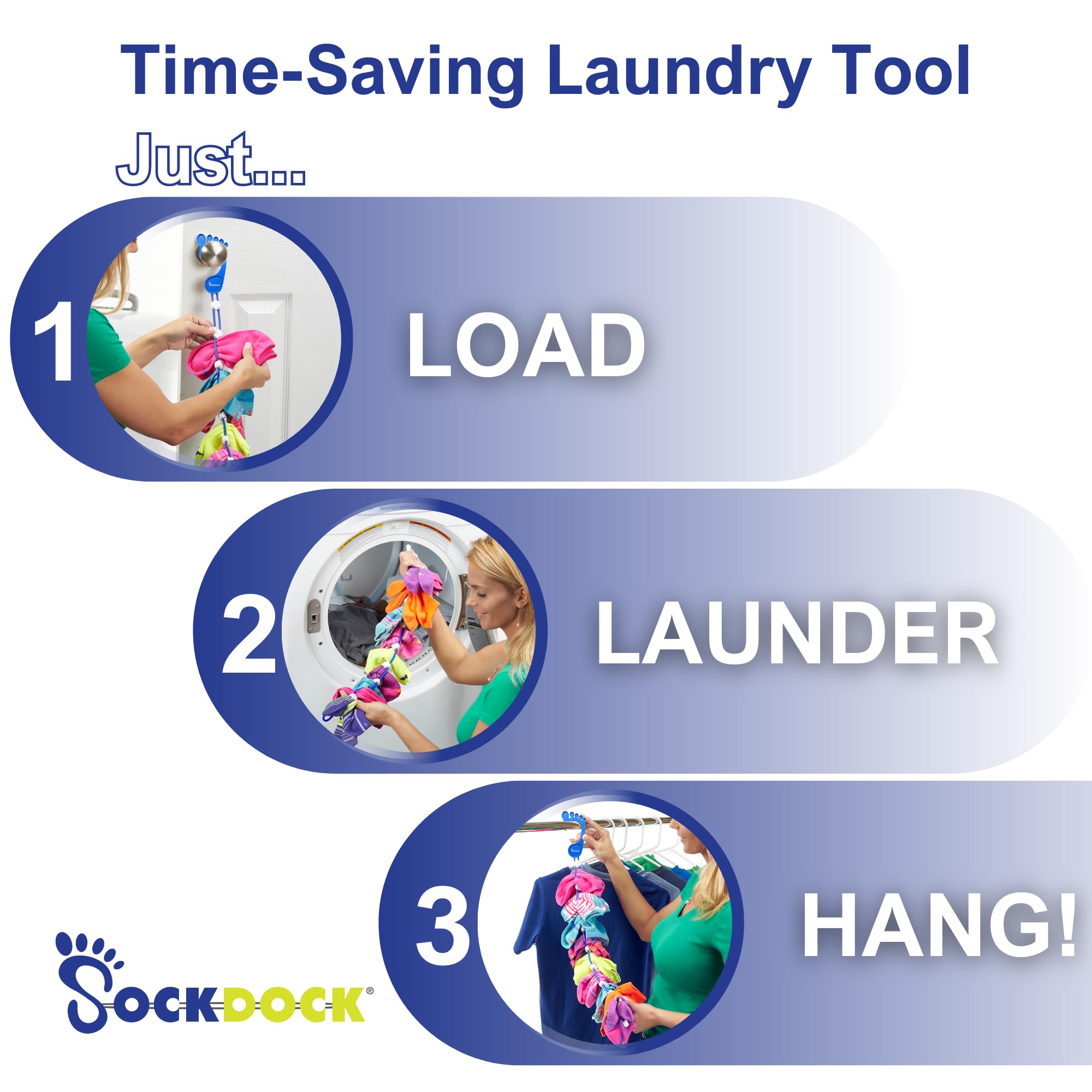 SockDock Sock Laundry Solution for Washing Drying & Storing Socks in Pairs, Clip & Hold Small & Long Socks in Washer Dryer & Closet, 2-Pack (Dark Blue)