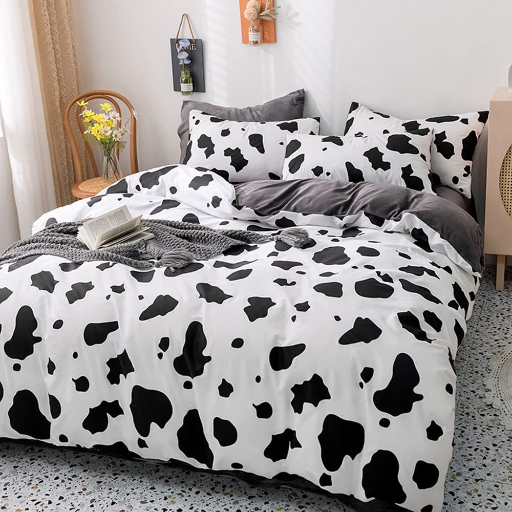 Mengersi Cow Print Duvet Cover Set,Velvet Duvet Cover Warm Fluffly Bedding Sets,Milk Cow Reversible Solid Bedding Collections Soft for Kids Boys Girls Twin Size