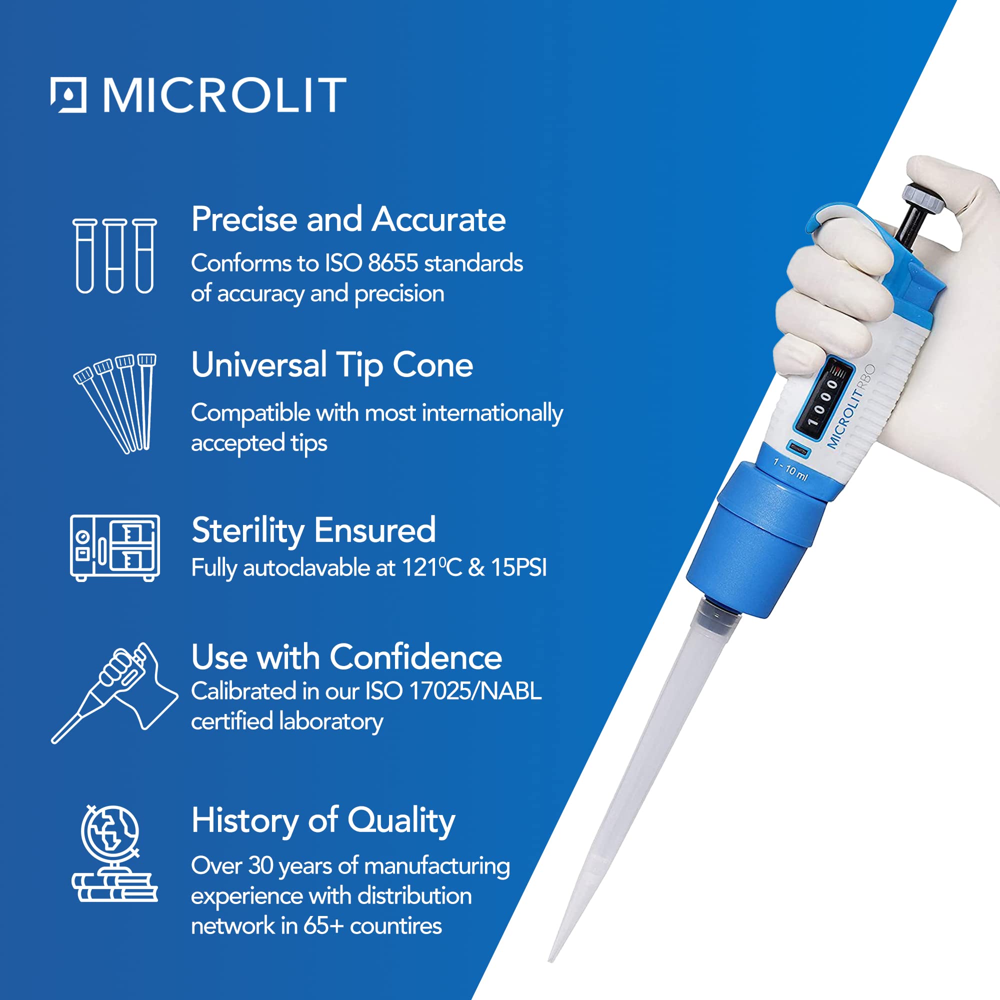 Microlit Micropipette - Single Channel Pipette Compatible with Microlit 10ml Pipette Tips, Adjustable Volume Lab Pipette, Accurate and Calibrated Pipette (1-10ml)