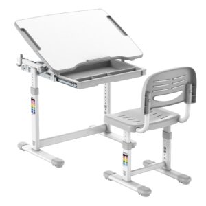 mount-it! kids desk and chair set height adjustable up to 30" ergonomic kids desk school, kids table and chairs for student 26" x 18" tabletop with pencil drawer, 3-10 age children, grey