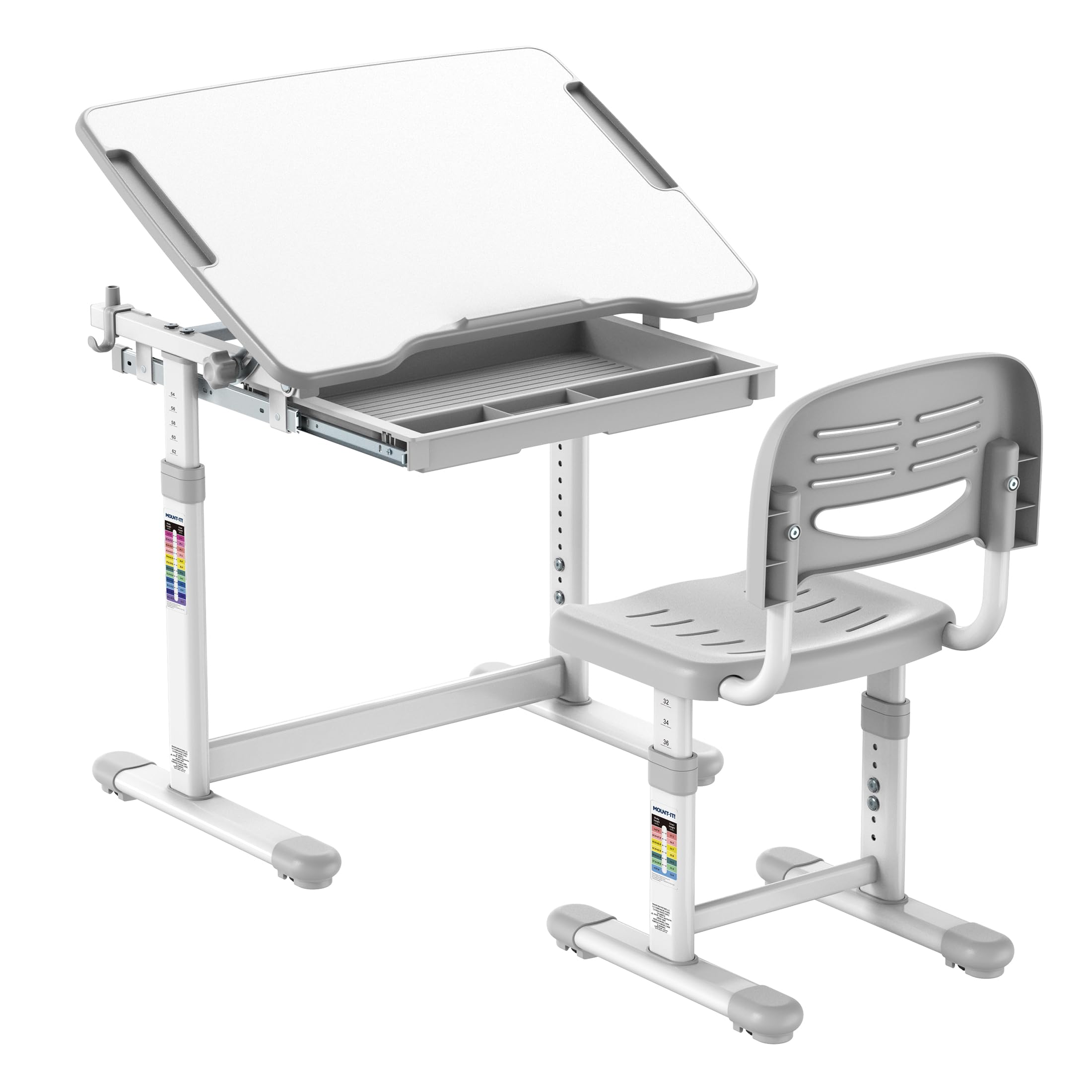 Mount-It! Kids Desk and Chair Set Height Adjustable up to 30" Ergonomic Kids Desk School, Kids Table and Chairs for Student 26" x 18" Tabletop with Pencil Drawer, 3-10 Age Children, Grey