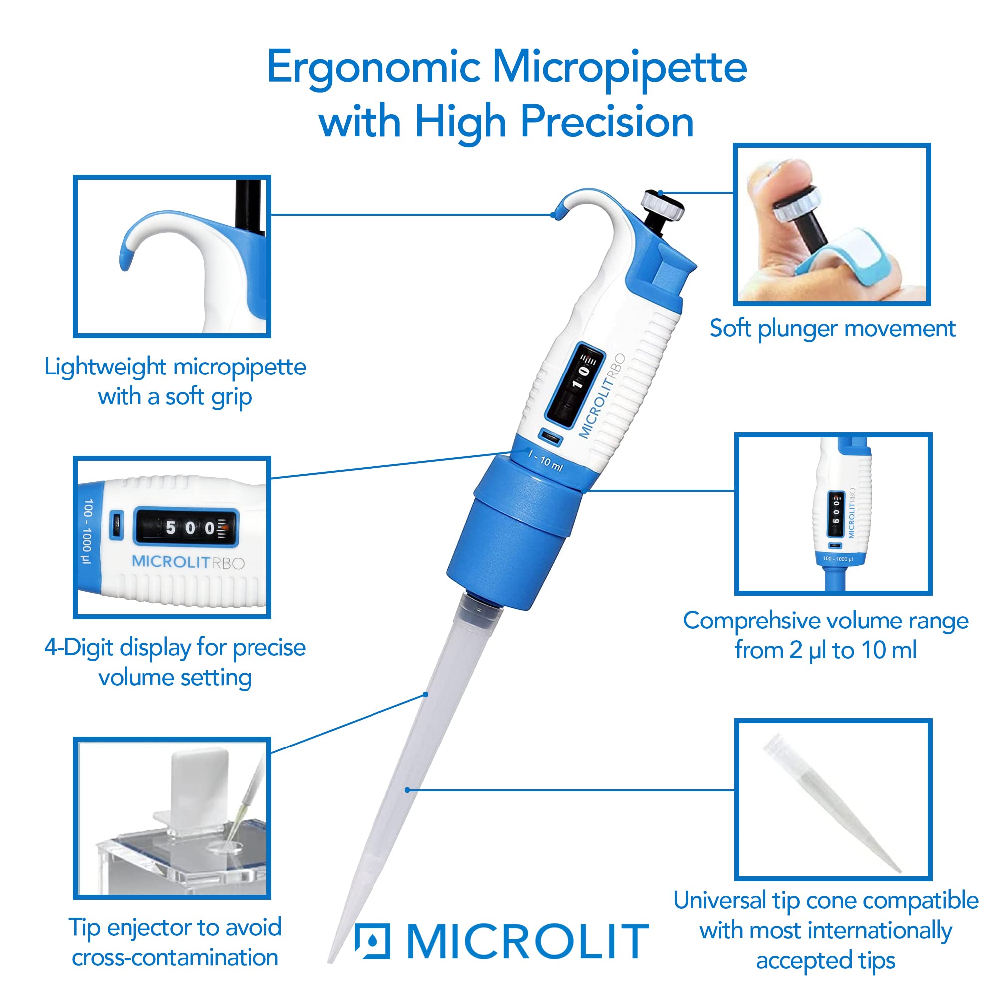 Microlit Micropipette - Single Channel Pipette Compatible with Microlit 10ml Pipette Tips, Adjustable Volume Lab Pipette, Accurate and Calibrated Pipette (1-10ml)